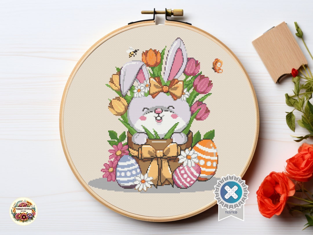 Easter Bunny - Cross Stitch Pattern PDF, Floral Easter Cross Stitch ...