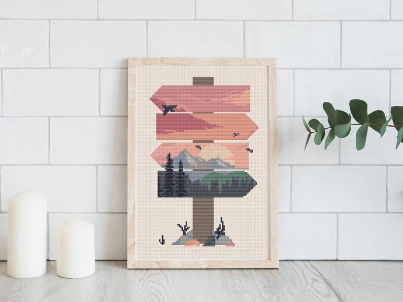 Sign With Landscape Cross Stitch Pattern PDF, Nature Modern Embroidery ...