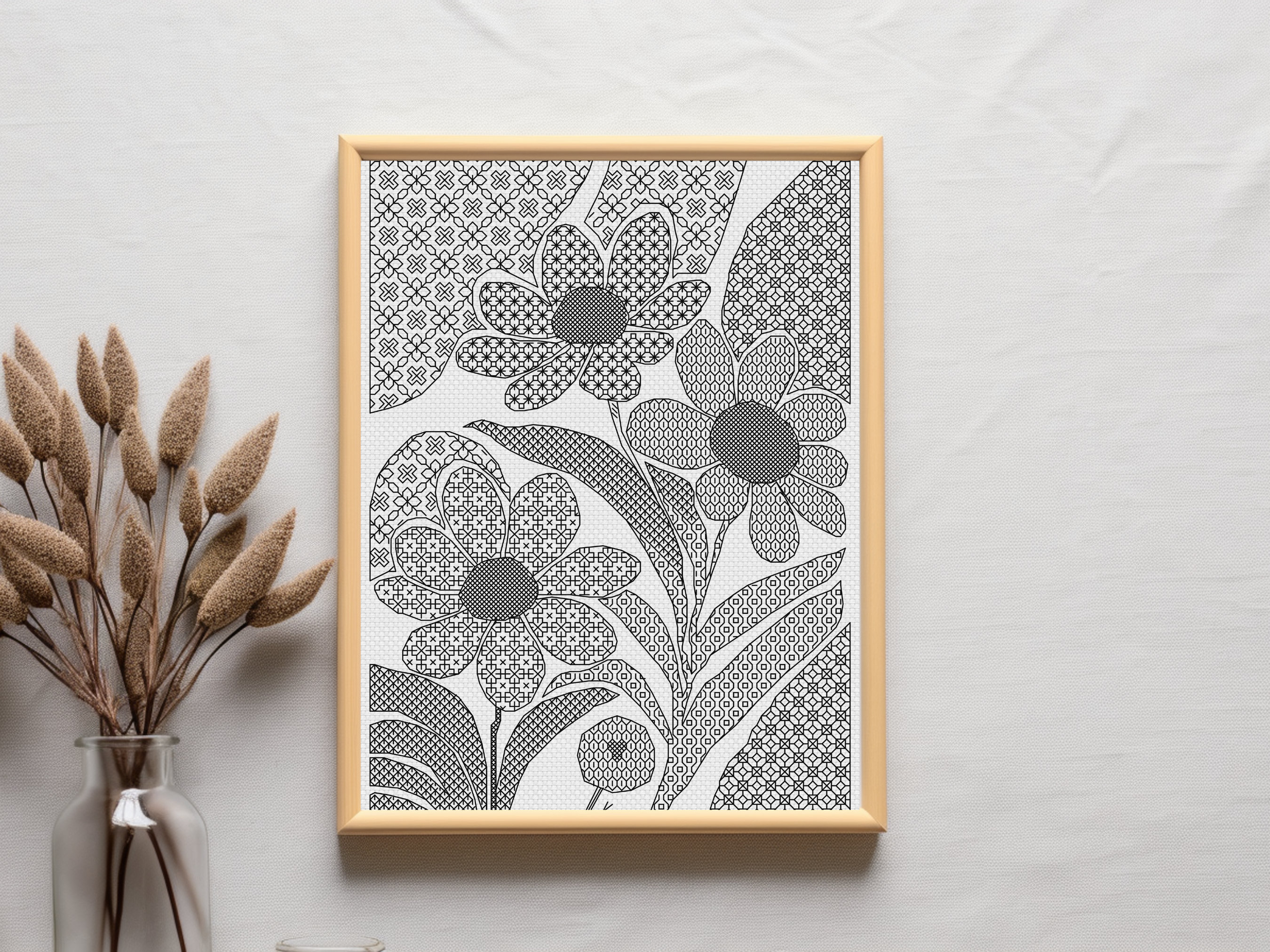 Blackwork Flowers Cross Stitch Pattern: Geometric Floral Embroidery ...