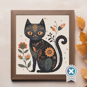 Folk Cat - Digital Cross Stitch Pattern, Halloween Embroidery Designs ...