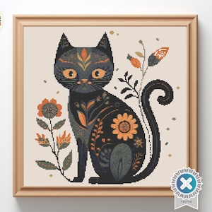 Folk Cat - Digital Cross Stitch Pattern, Halloween Embroidery Designs ...