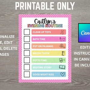 Editable Kids Routine Chart Morning Bedtime Visual Schedule Printable ...