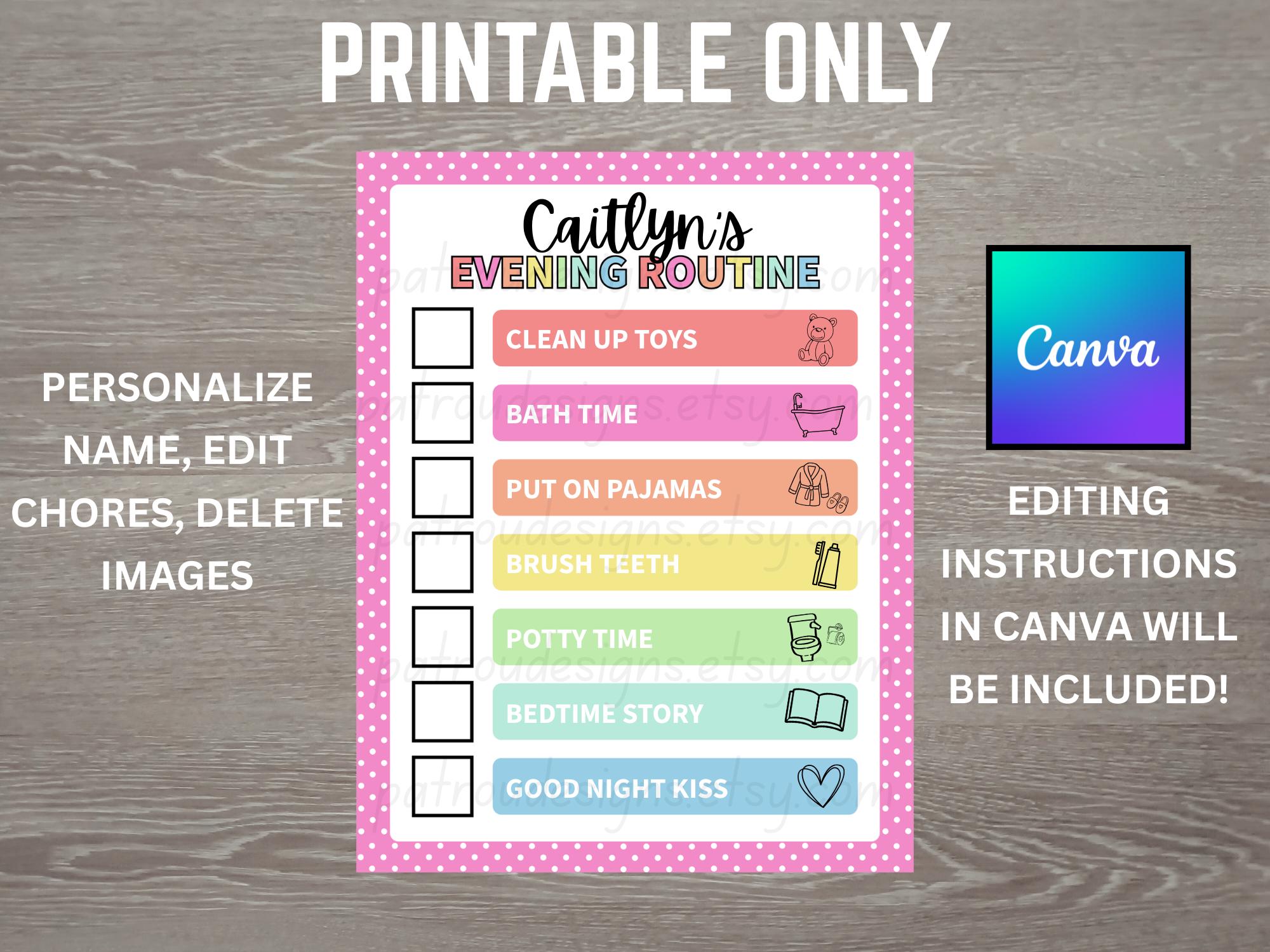 Editable Kids Routine Chart Morning Bedtime Visual Schedule Printable ...