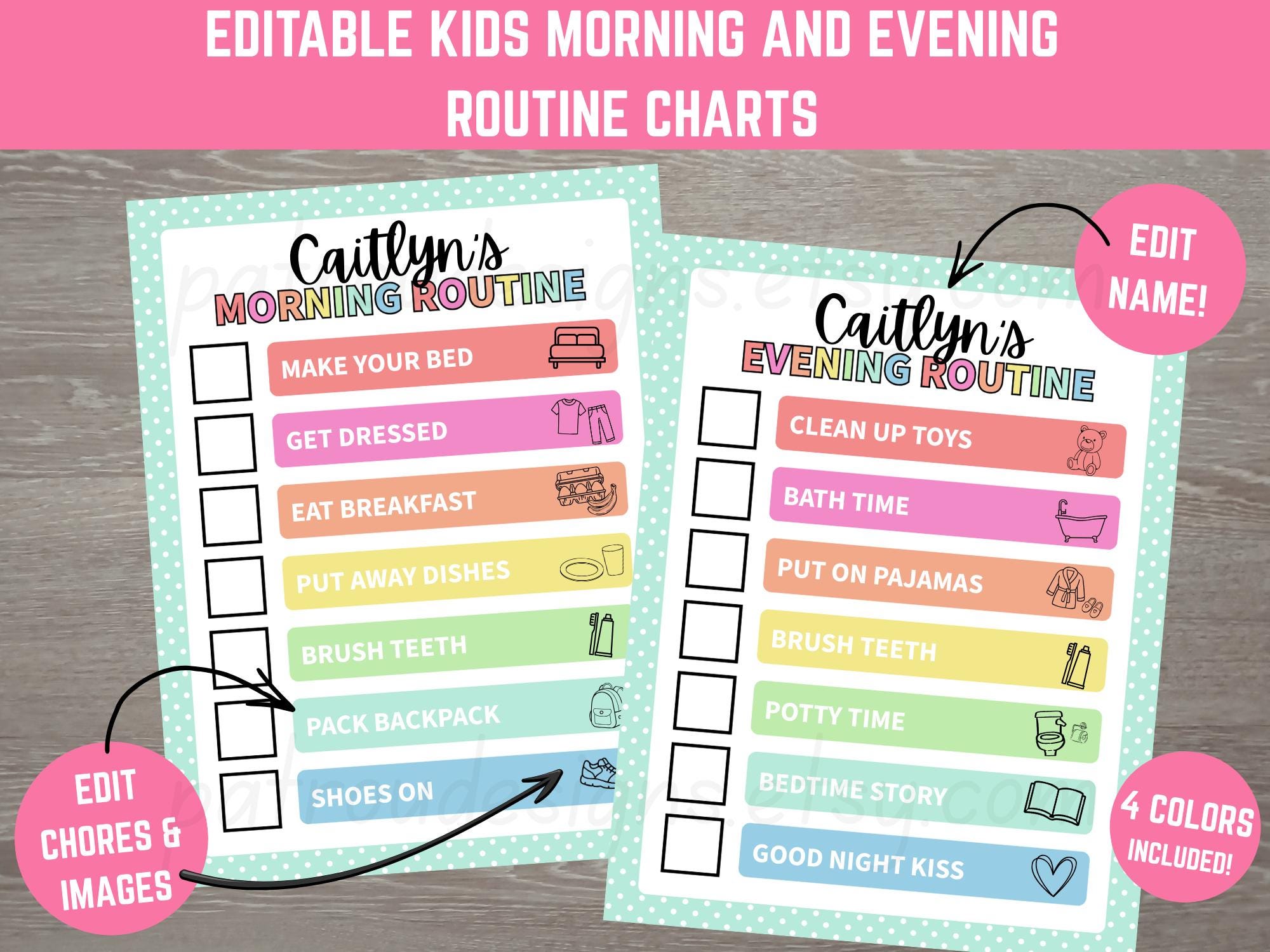 Editable Kids Routine Chart Morning Bedtime Visual Schedule Printable ...
