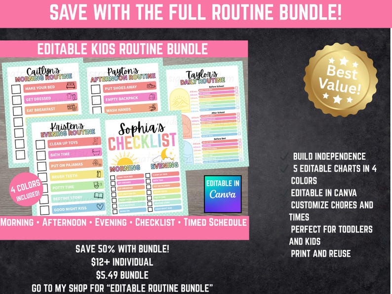 Editable Kids Routine Chart Morning Bedtime Visual Schedule Printable ...
