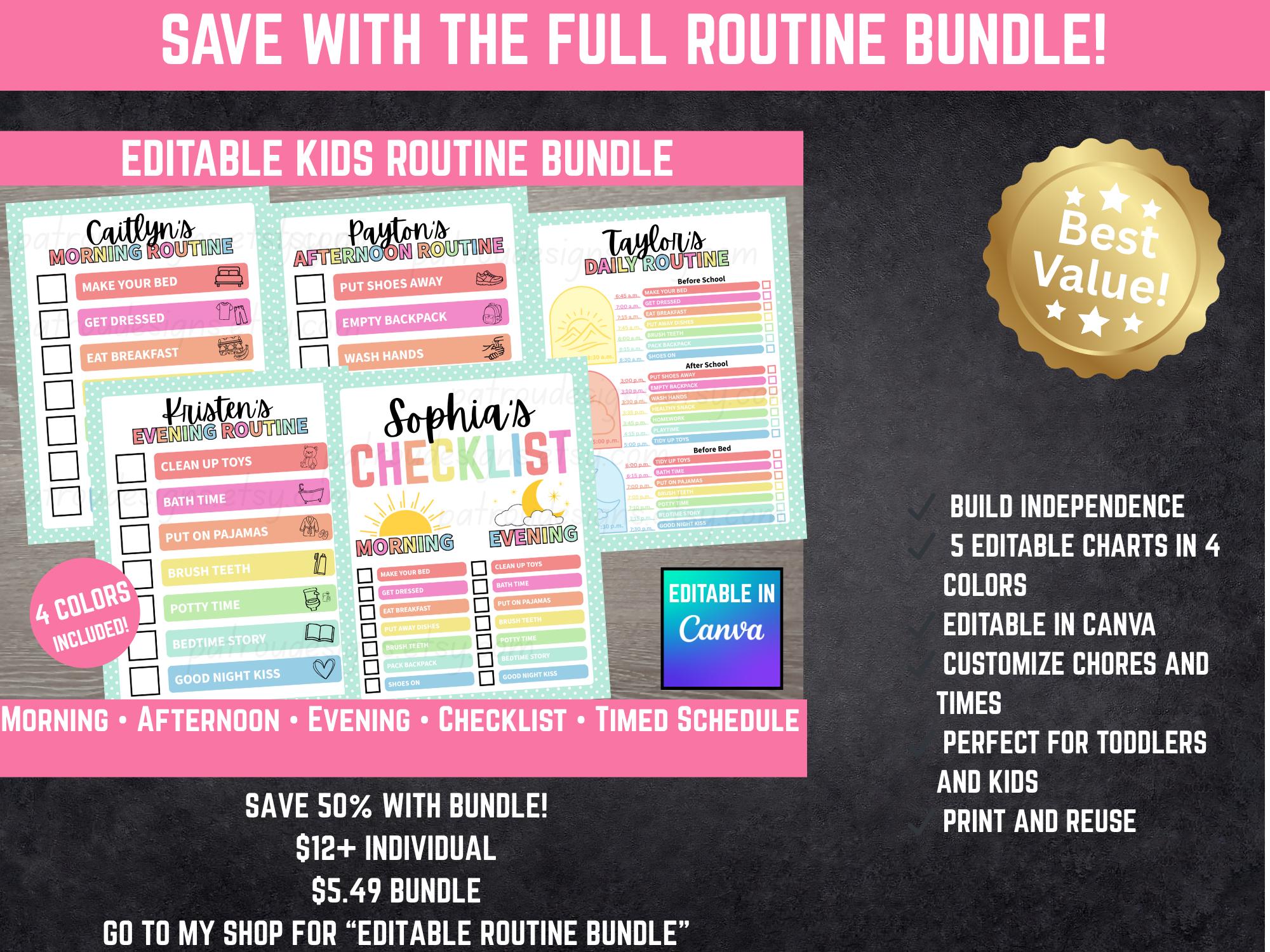 Editable Kids Routine Chart Morning Bedtime Visual Schedule Printable ...