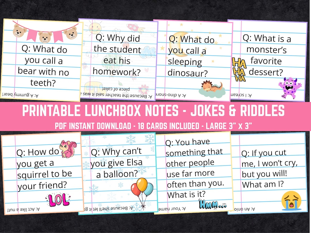 Funny Lunchbox Notes for Kids, Printable Jokes, School Lunch Cards Kids ...
