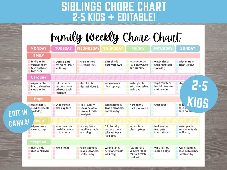 Editable Siblings Chore Chart, Family Weekly Routine Planner (2-5 Kids ...