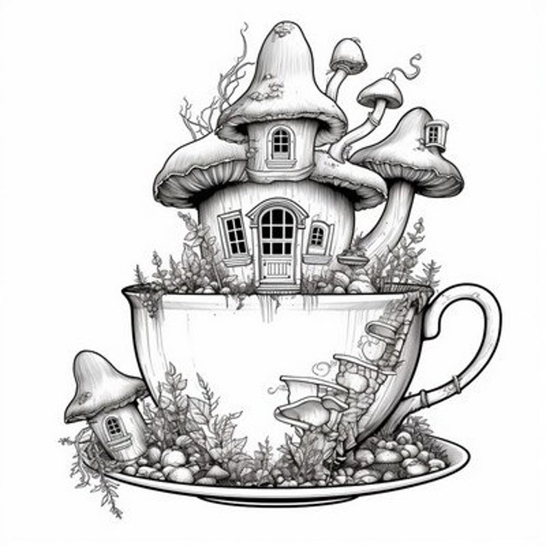 Tea Cup Fairy House Coloring Pages - Etsy