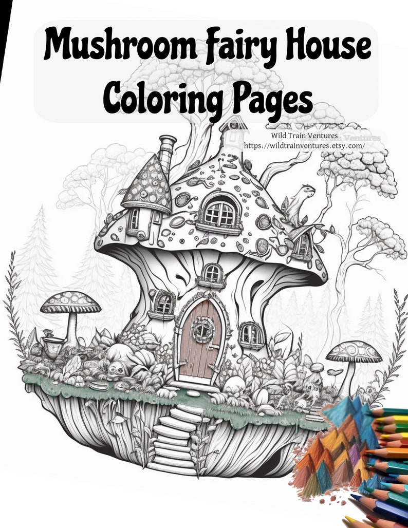 Mushroom Fairy House Coloring Pages - Etsy