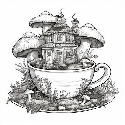 Tea Cup Fairy House Coloring Pages - Etsy