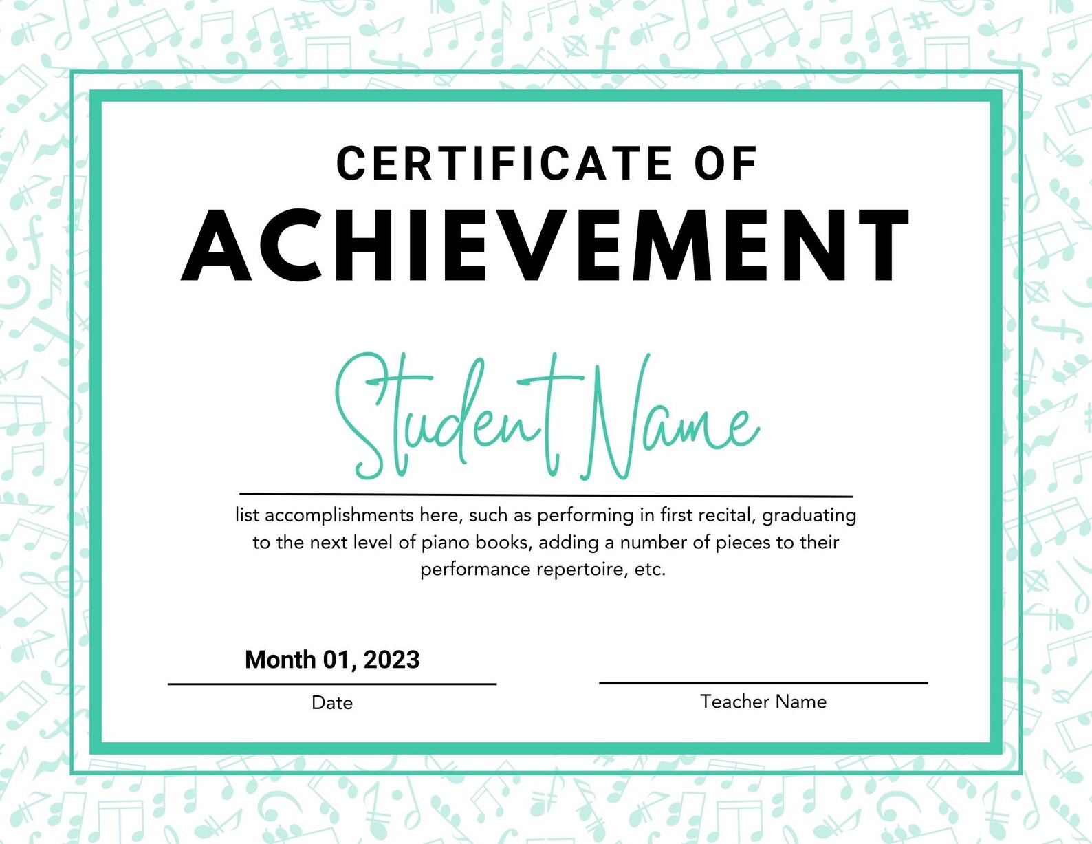 Editable, Printable Canva Template for Certificate of Achievement Music ...
