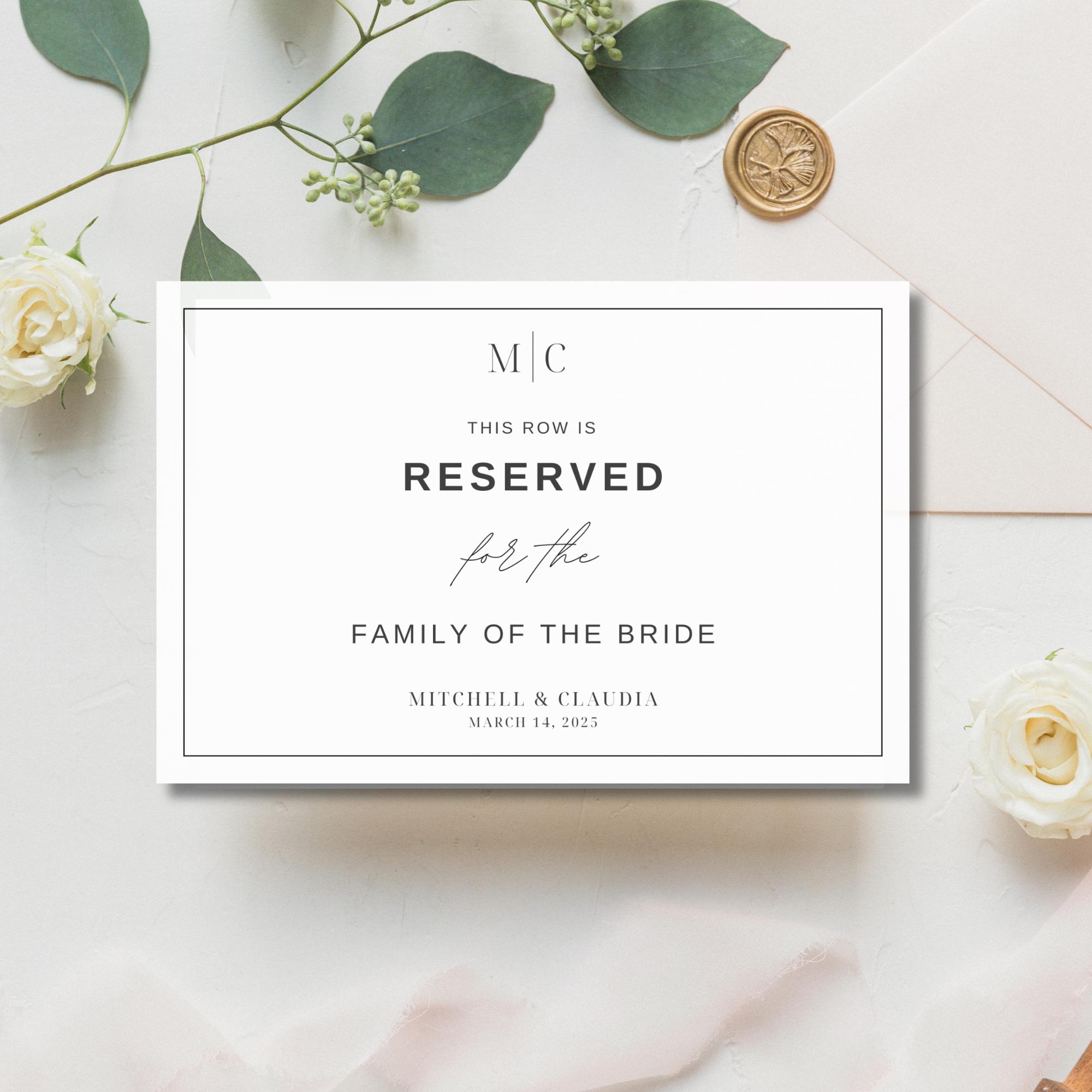 Monogram Wedding Reserved Sign Template, Elegant Reserved for Brides or ...