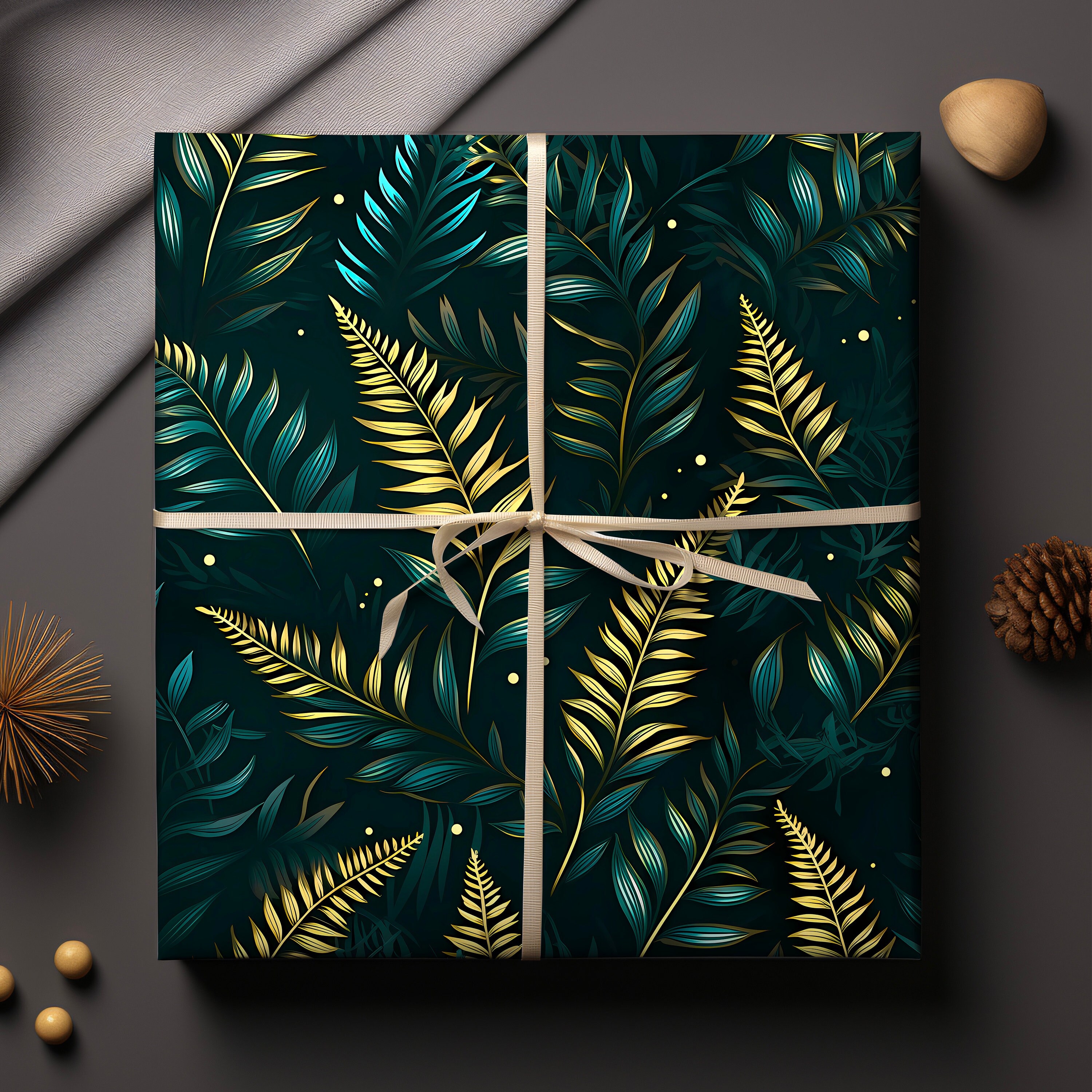 Golden Ferns, Vibrant Gift Wrap, Unique Wrapping Paper, Premium Paper ...