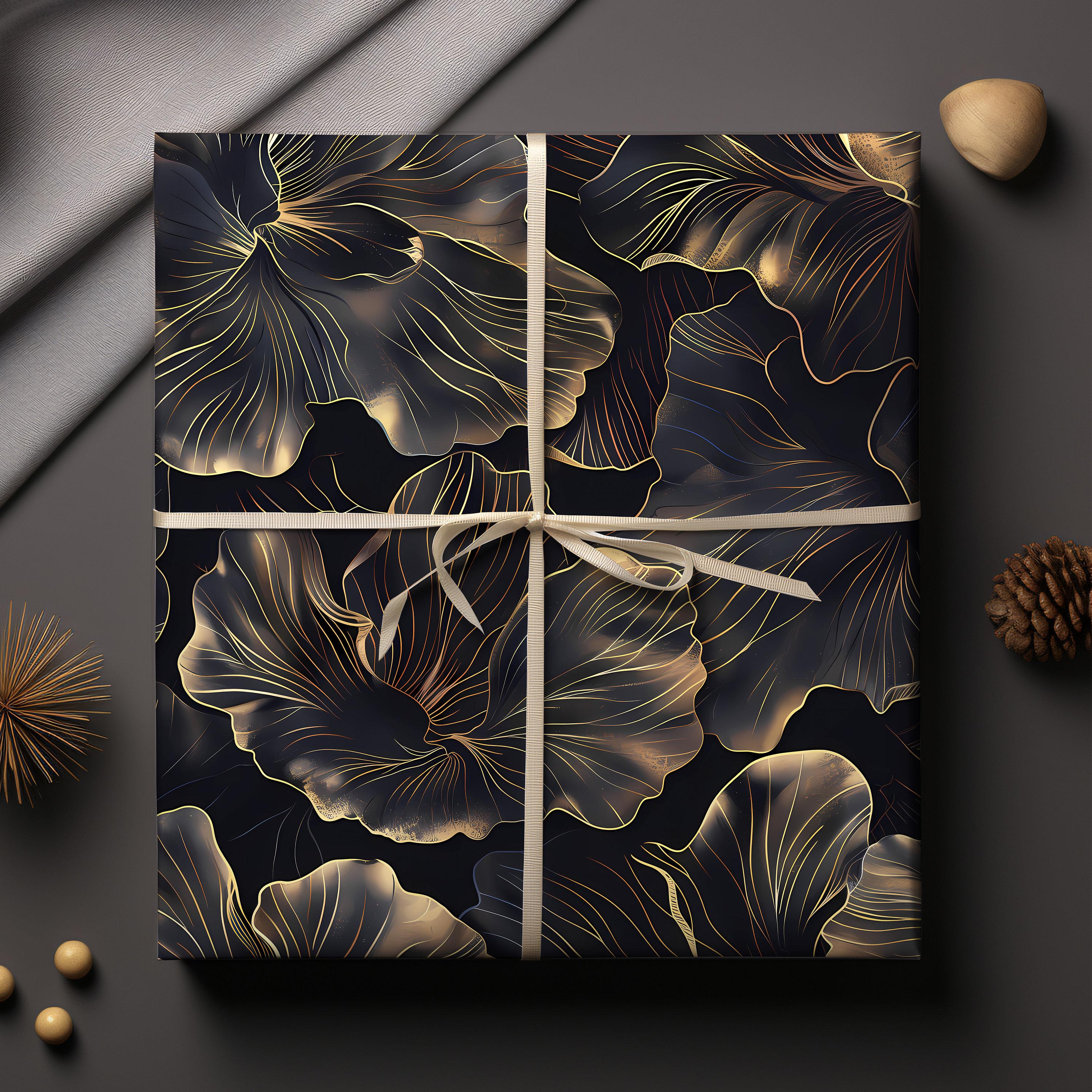 Black & Gold Petals Gift Wrapping Paper Dark Unique Vibrant Gift Wrap ...