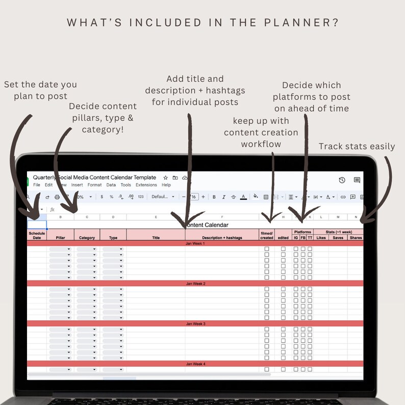 Social Media Content Planner, Google Sheets Spreadsheet, Editable ...