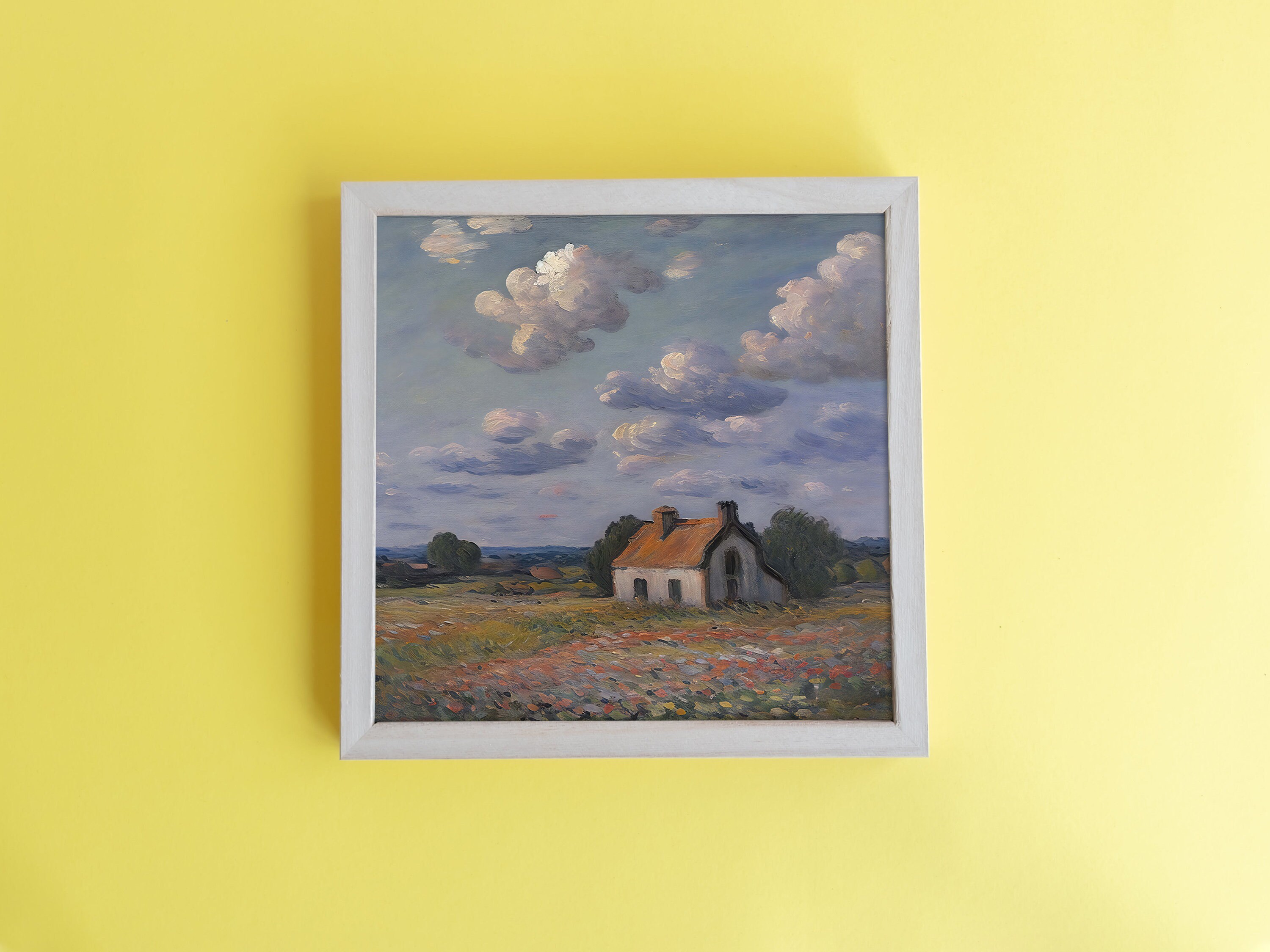 Vintage Cottage Oil Painting, White Blue Clouds Print, Green Scenery ...