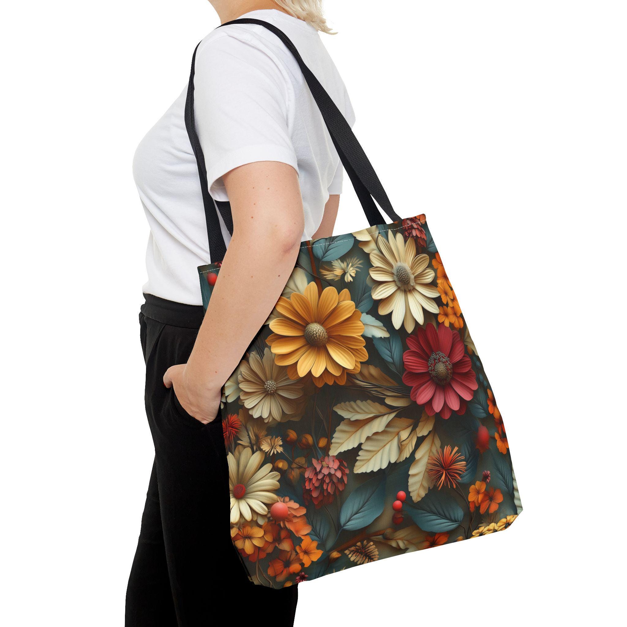 Autumn Floral Tote Bag: Detailed Fall Flowers Design - Etsy