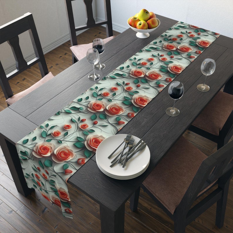 Red Coral Rose Table Runner: Romantic Floral Dining Decor - Etsy