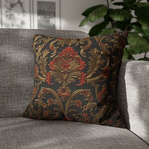 Classic Baroque Pattern Pillow Cover | Dark Background With Red & Gold ...