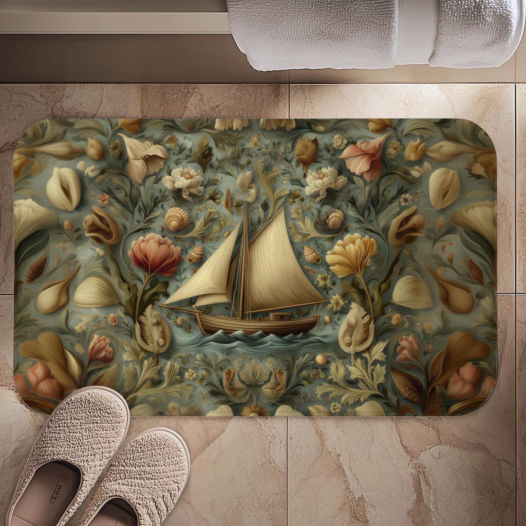 William Morris Inspired Bath Mat: Vintage Style Sailboat Seashell ...