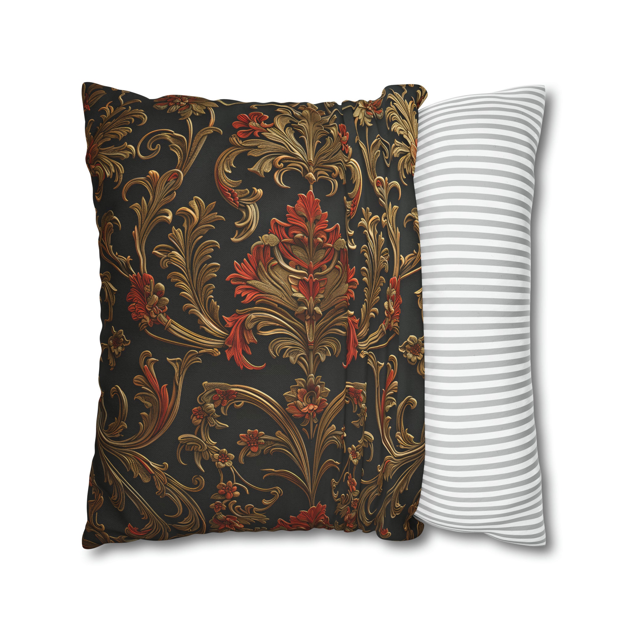 Classic Baroque Pattern Pillow Cover | Dark Background With Red & Gold ...