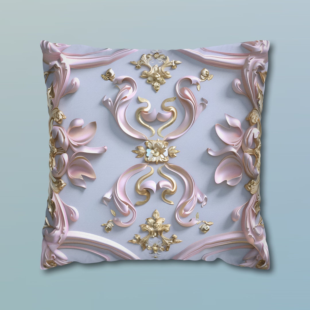 Pastel Pink Rococo Style Coquette Pillow Cover Gold Accents on Lavender ...
