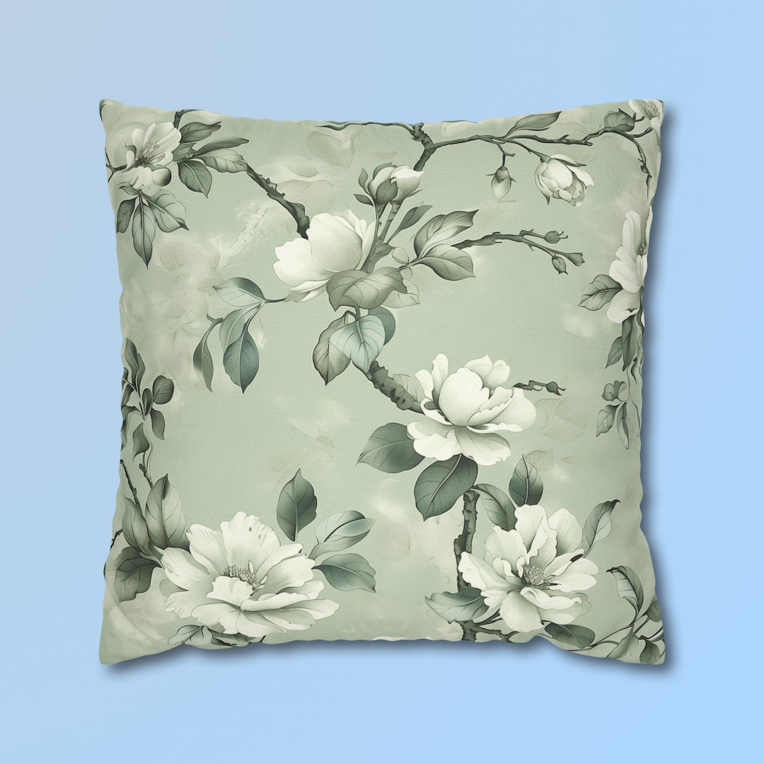 White Magnolia Pillow Cover Soft Mint Green Background Elegant Floral ...