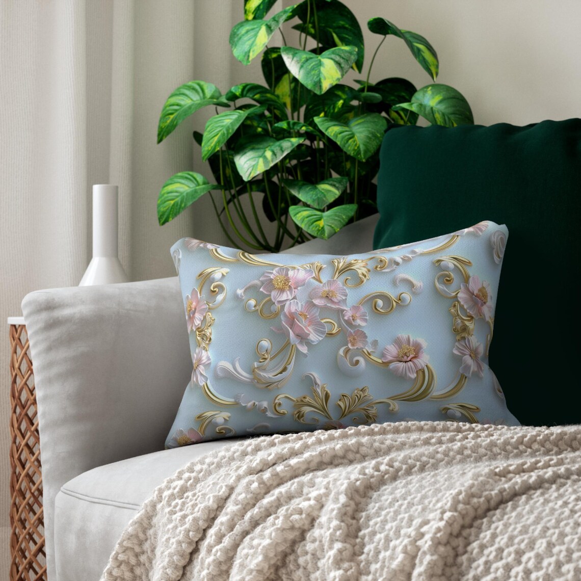Rococo-inspired Coquette Lumbar Pillow: Soft Pink Flowers on Pastel ...