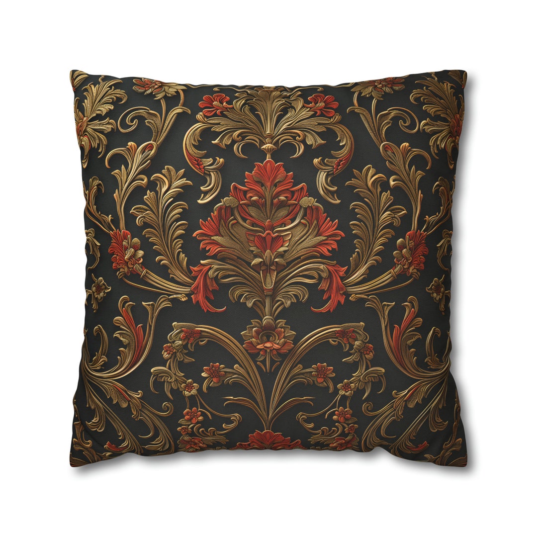 Classic Baroque Pattern Pillow Cover | Dark Background With Red & Gold ...
