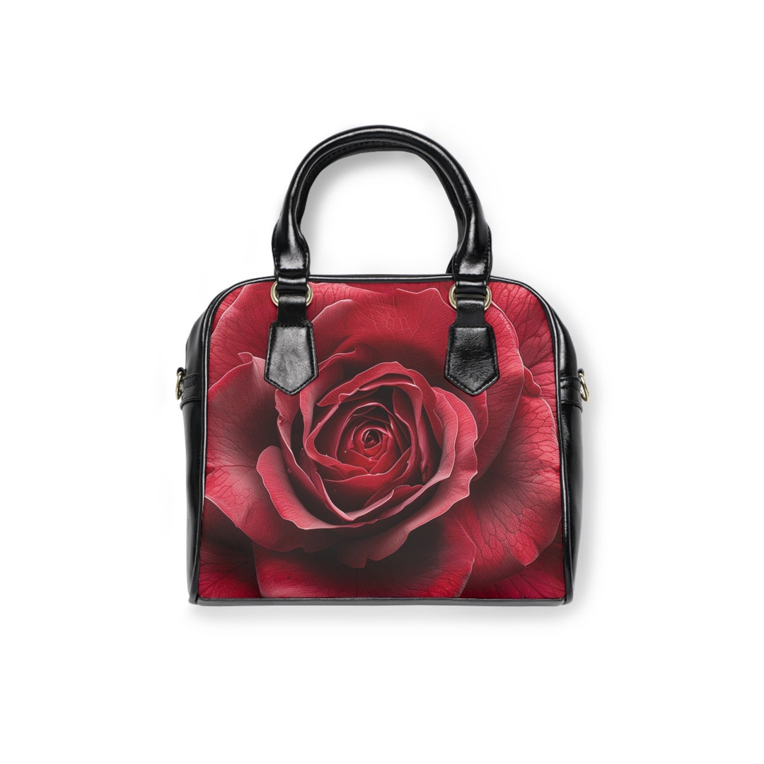 Designer Style Red Rose Shoulder Handbag Elegant Floral With Black Trim ...
