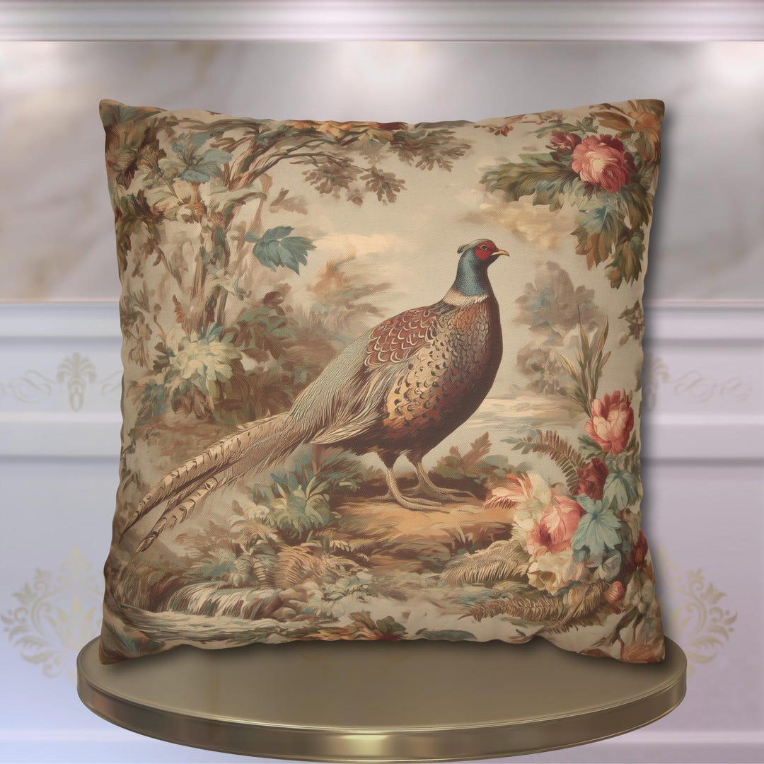 French Country Pheasant Throw Pillow Cover: Vintage Style Toile Bird ...