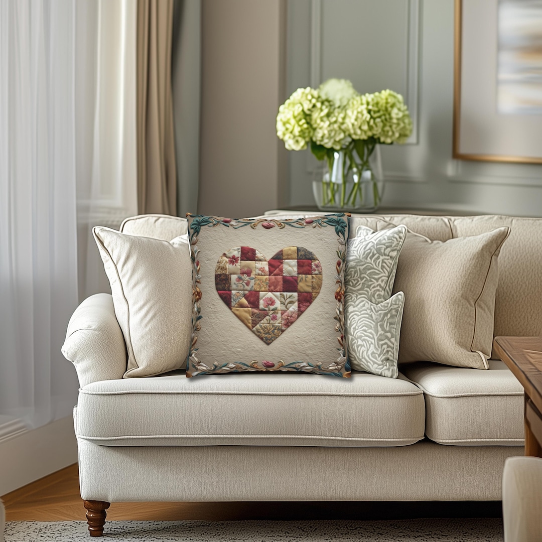 William Morris Inspired Quilted Heart Pillow Cover: Patchwork Look With ...
