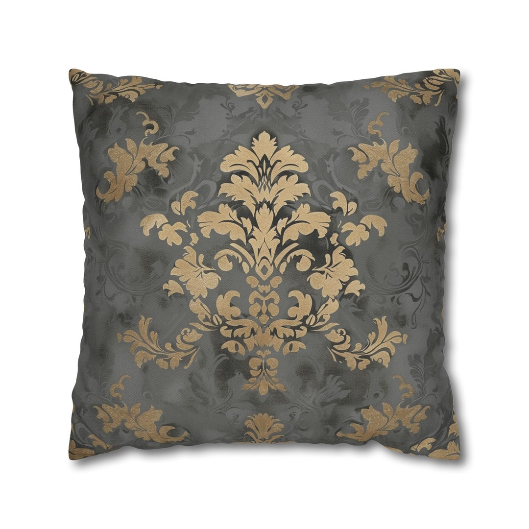 Classic Damask Pattern Pillow Cover Muted Gold Floral on Grey Subdued ...