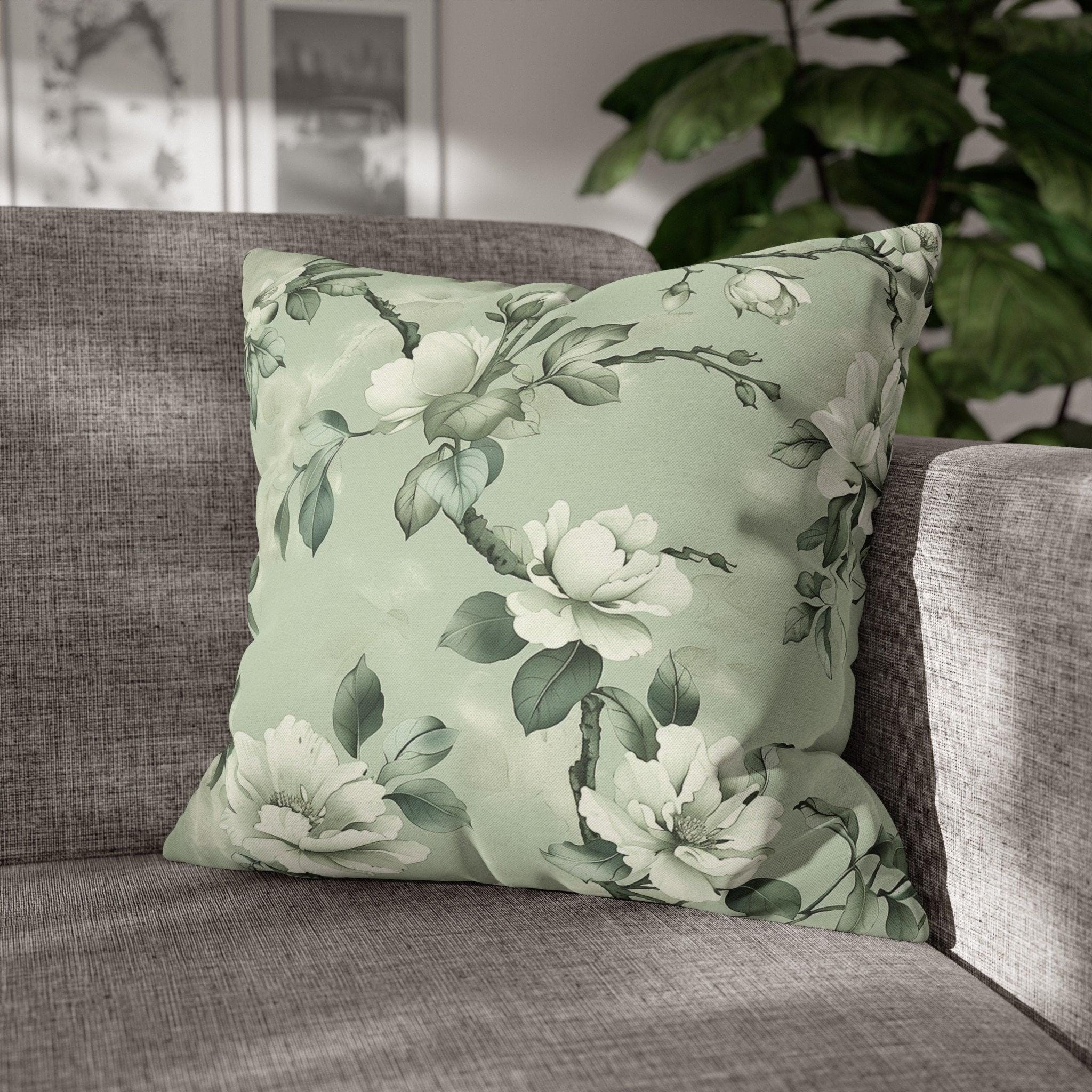 White Magnolia Pillow Cover: Soft Mint Green Floral Cushion - Etsy