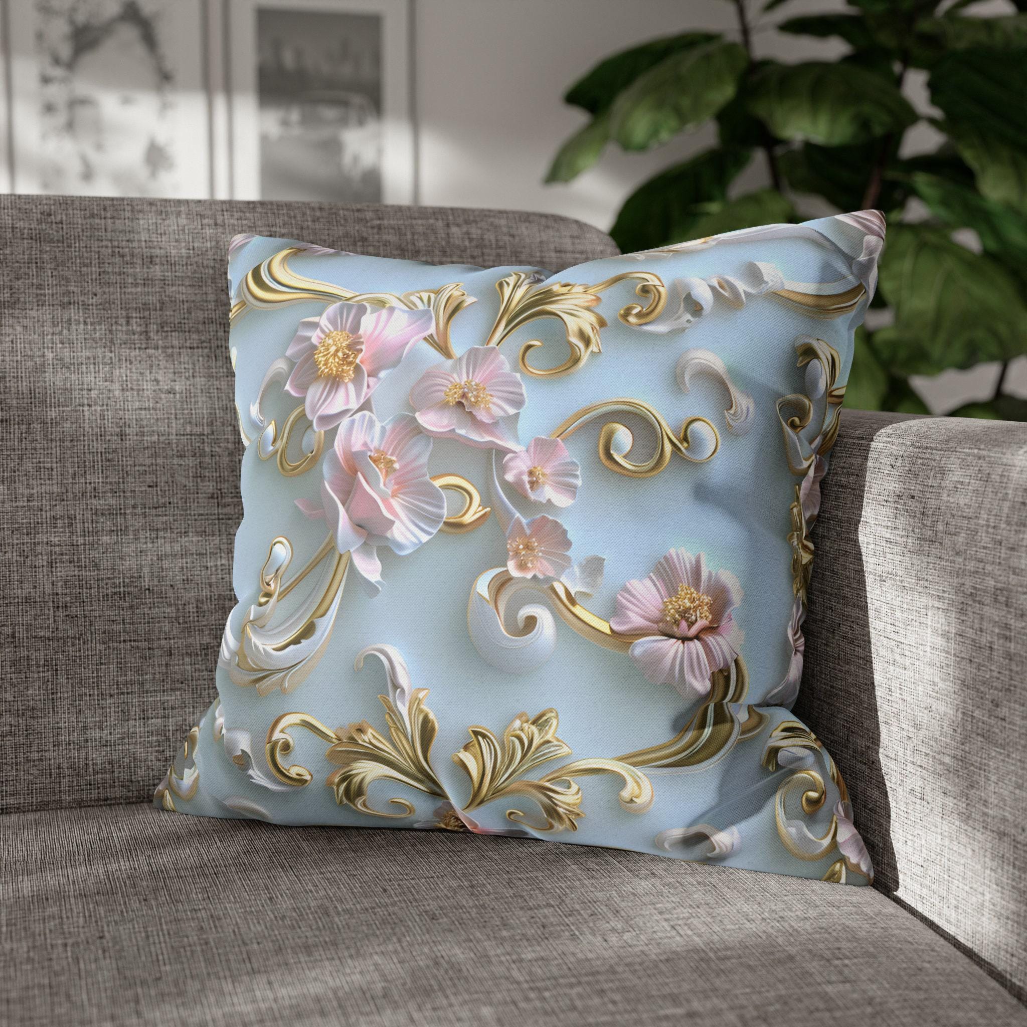 Rococo Coquette Pillow Cover: Pink Flowers, Gold Accents - Etsy