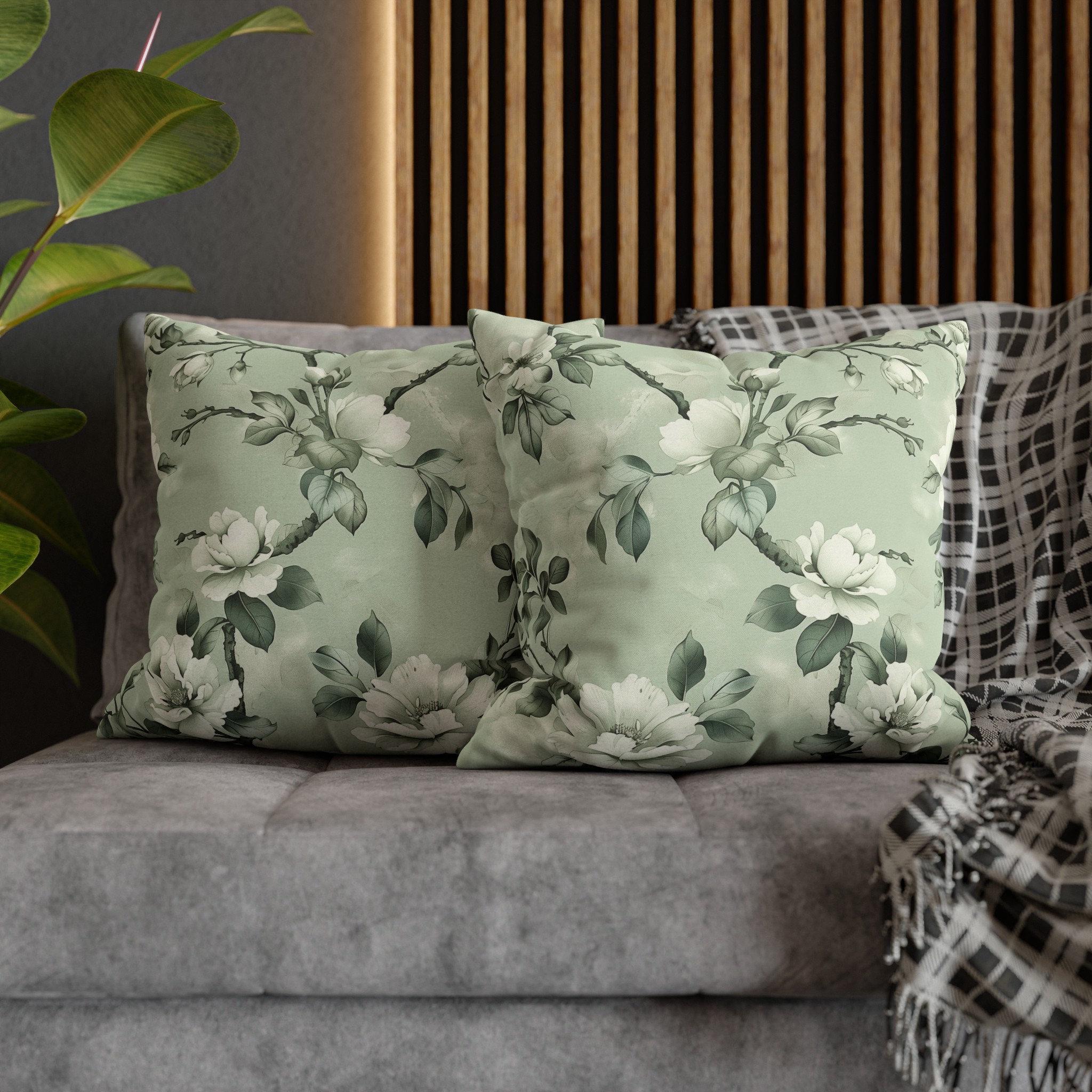 White Magnolia Pillow Cover: Soft Mint Green Floral Cushion - Etsy