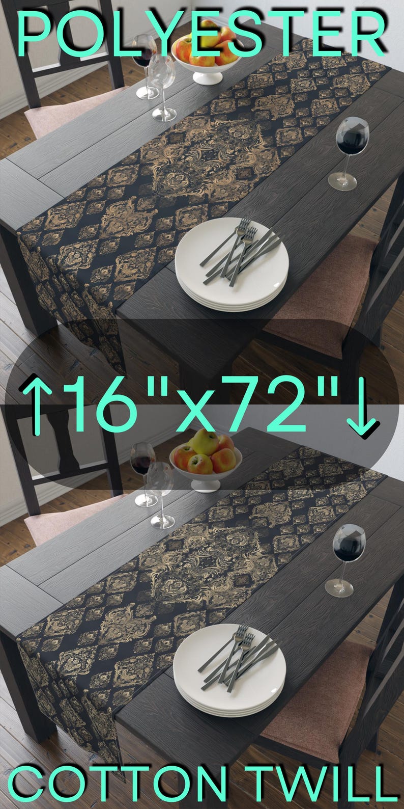 Elegant Baroque Table Runner: Black & Gold Damask for Vintage-style ...