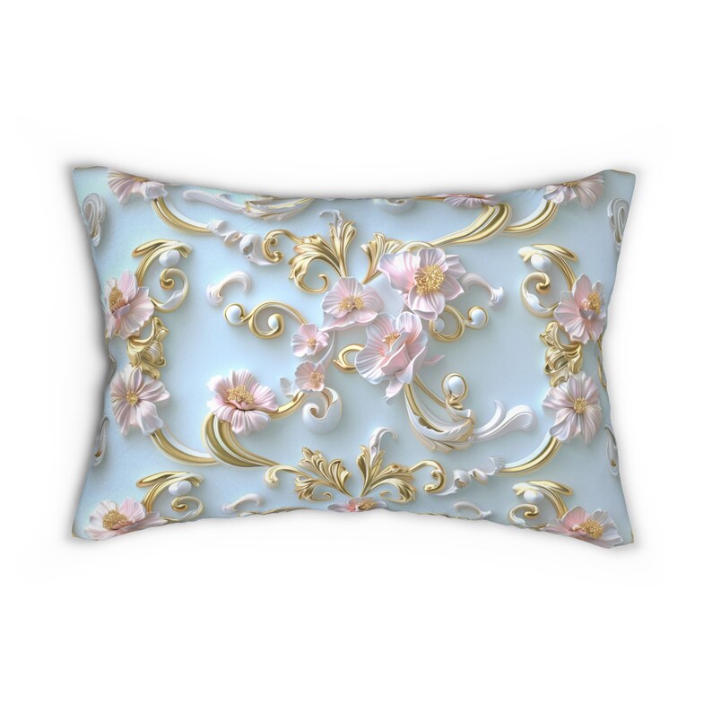 Rococo Inspired Coquette Lumbar Pillow Soft Pink Flowers With Pale Gold ...