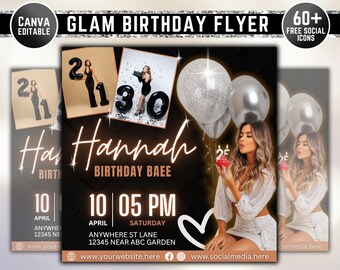 Glam Black Birthday Bash Flyer, Editable on Canva, Party Invitation ...
