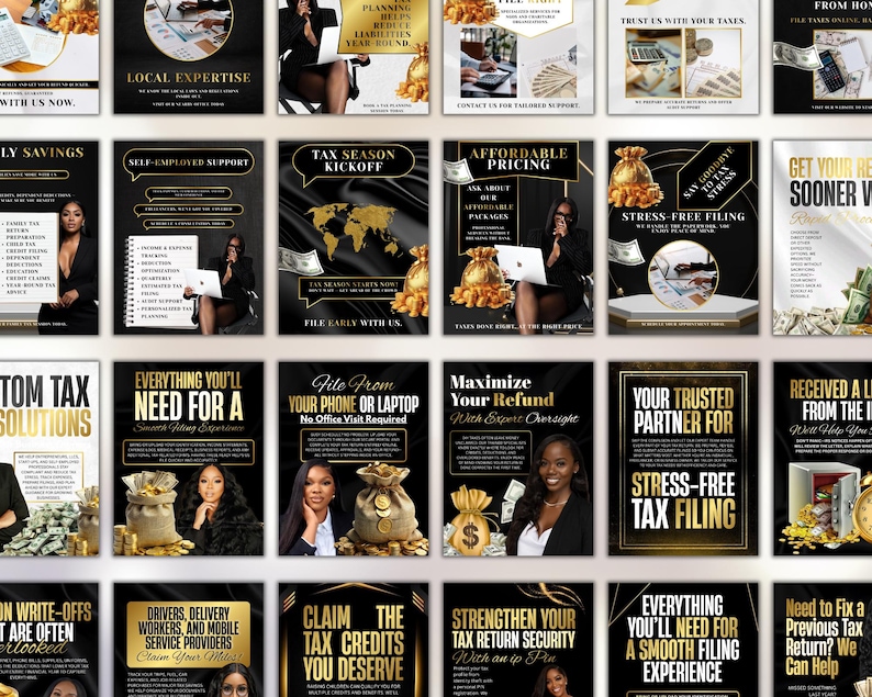 Black & Gold Tax Flyer Mega Bundle Editable Canva Templates | Tax ...