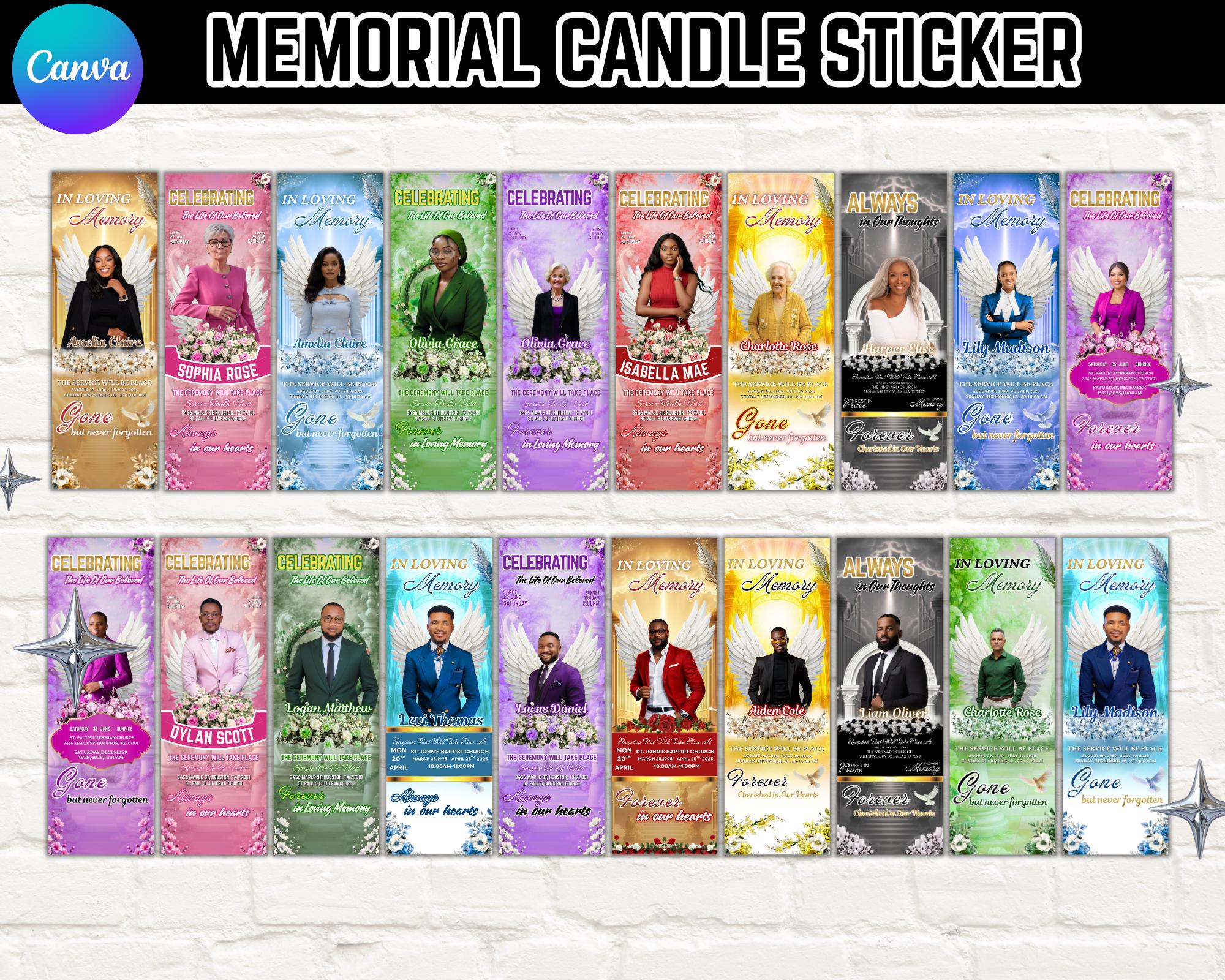 20x Memorial Candle Sticker Templates | Editable Canva Candle Wraps ...