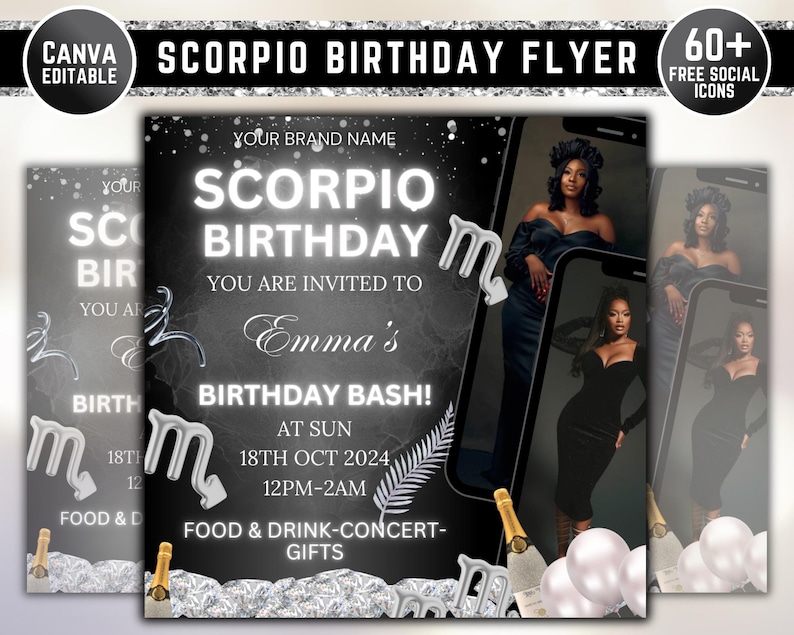 Editable Scorpio Birthday Flyer, Birthday Template, Birthday Girl, Pink ...