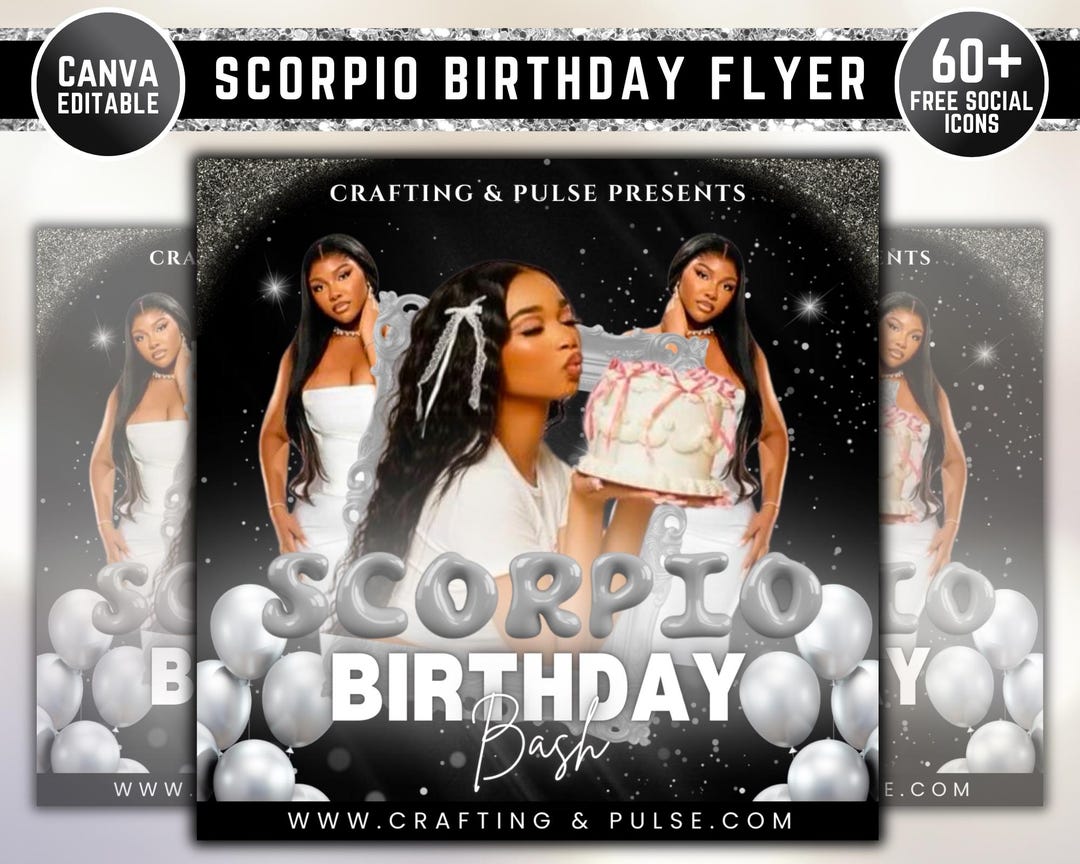 Editable Scorpio Birthday Flyer, Birthday Template, Birthday Girl, Pink ...