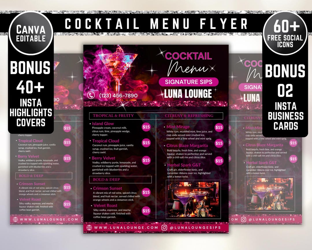 Cocktail Menu Flyer, DIY Flyer Template Design, Pink Menu Flyer ...
