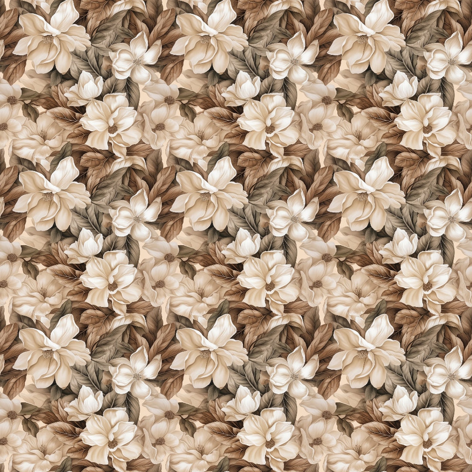 Ivory Taupe Beige Photorealistic Floral Gardenia Sea Seamless Pattern ...