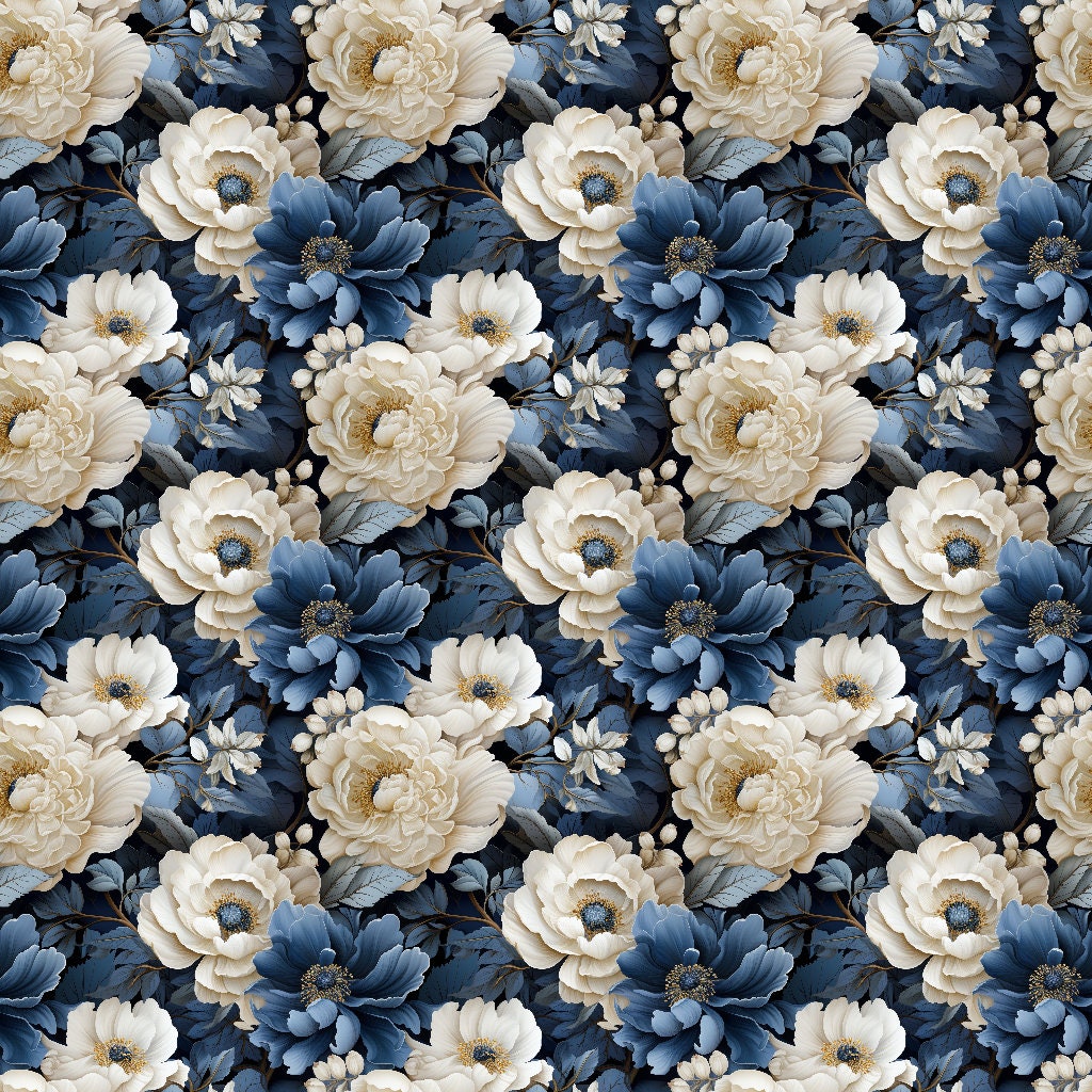 Classic Blue, Blush and White Photorealistic Elegant Peony Seamless ...