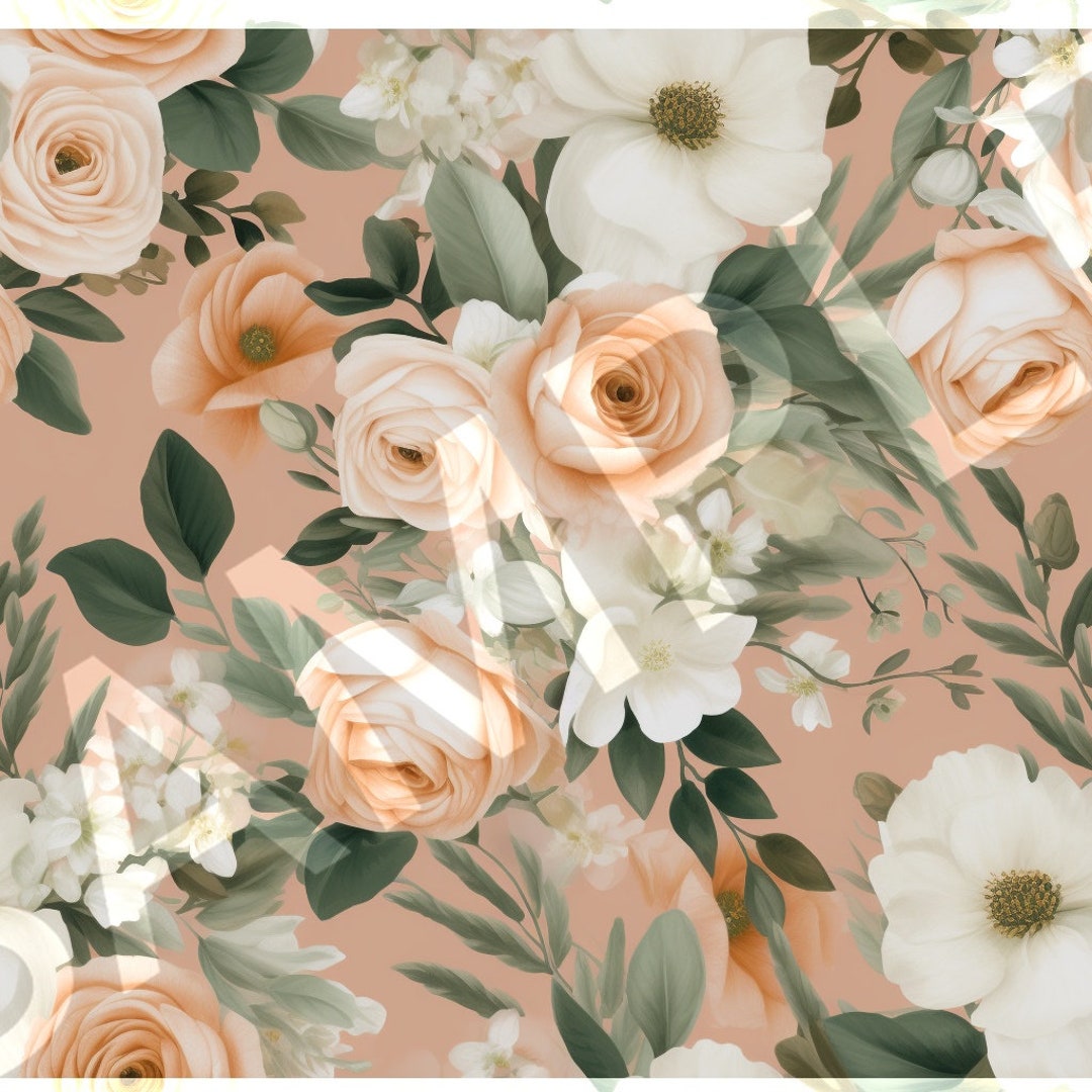 Photorealistic Peachy Blush Floral Seamless Pattern With Green Accents ...