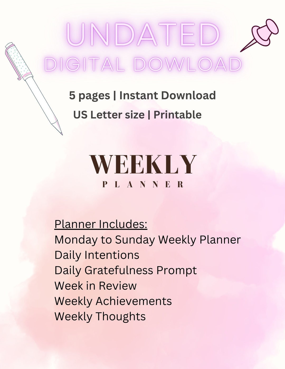 Undated Weekly Planner | Digital Download | Watercolor - Etsy