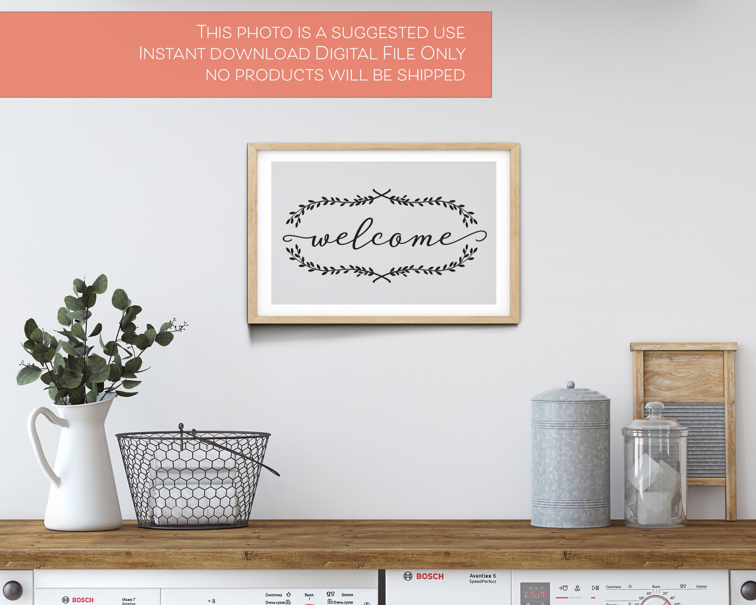 Welcome With Laurel Leaf Frame, Hand Drawn Farmhouse Style, Cutting ...